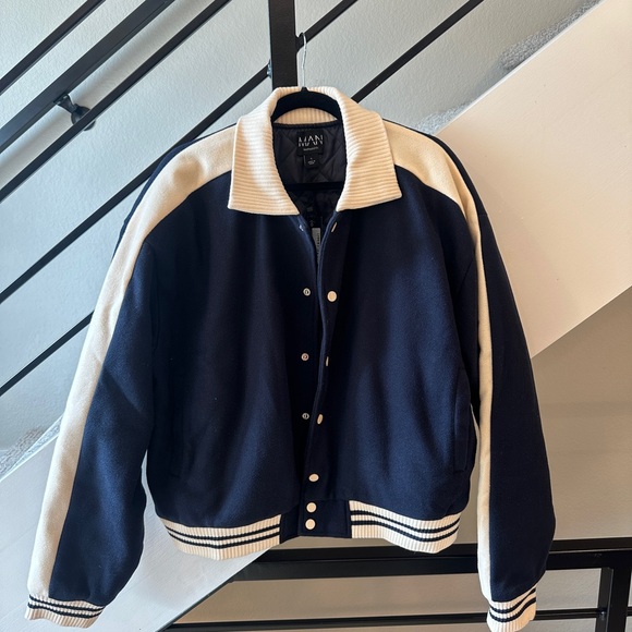 Boohoo | Jackets & Coats | Boohoo Blue And Cream Bomber Jacket With ...